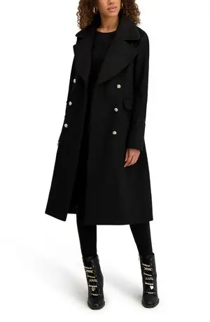 Karl Lagerfeld Paris Double Breasted Wool Blend Coat - Black