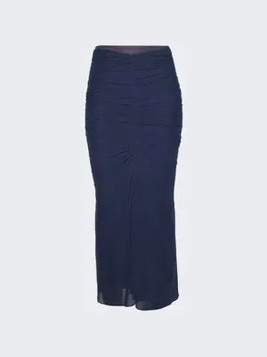 MUGLER Ruched Mesh Midi Skirt - Blue