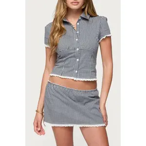 EDIKTED Cotton Blend Gingham Button-up Shirt