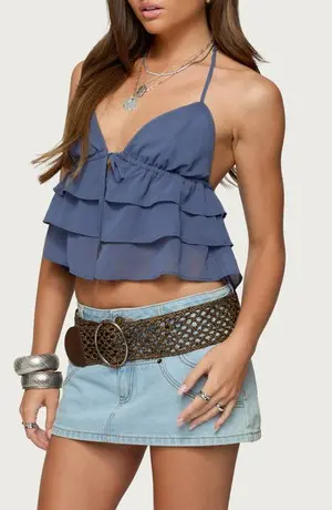 EDIKTED Tiered Ruffle Halter Top - Blue