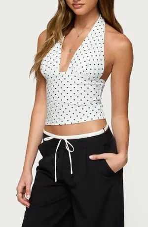 EDIKTED Blaire Polka Dot Halter Top - White-and-black