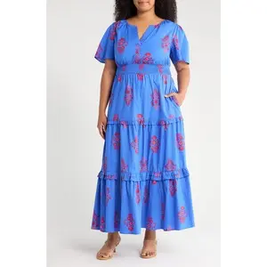 SUGARLIPS Shayna Floral Palmer Tiered Cotton Poplin Maxi Dress - Blue/pinks