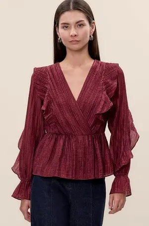 Rebecca Taylor Olivia Ruffle Sleeve Blouse - Sangria