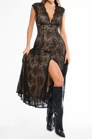 POPILUSH Floral Lace V Neck Maxi Dress With Shapewear - Black