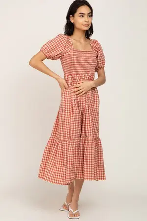 PINKBLUSH Gingham Smocked Midi Dress - Rust