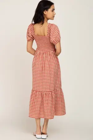 PINKBLUSH Gingham Smocked Midi Dress - Rust