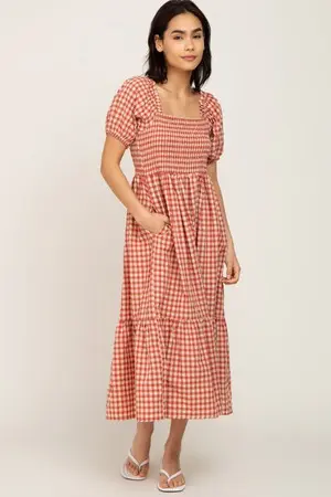 PINKBLUSH Gingham Smocked Midi Dress - Rust
