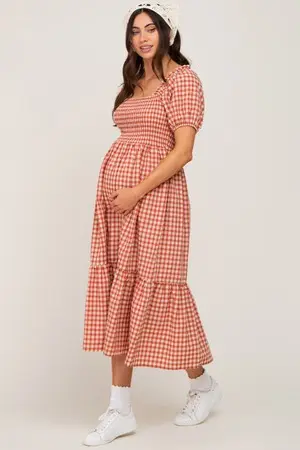PINKBLUSH Gingham Smocked Midi Dress - Rust