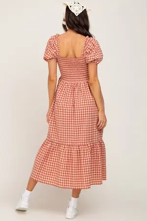 PINKBLUSH Gingham Smocked Midi Dress - Rust