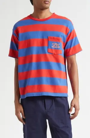 BODE Clubhouse Logo Embroidered Stripe Pocket T-shirt - Red Blue