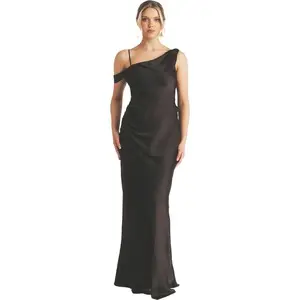 SIX STORIES Asymmetrical Bardot Hammered Satin Maxi Dress - Black
