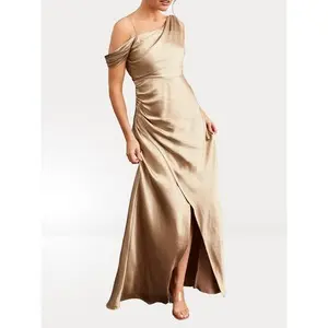 SIX STORIES Asymmetric Bardot Satin Dress - Champange