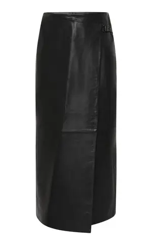 ST. AGNI Wrap-front Leather Midi Skirt - Black