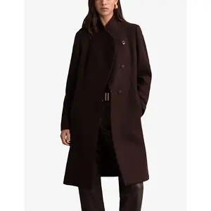 REISS Wrap-over Wool-blend Coat - Chocolate Brown