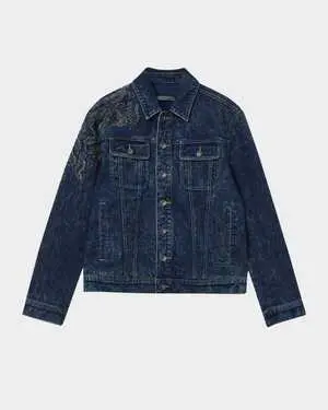 John Varvatos Anthony Embroidered Denim Trucker Jacket - Blue