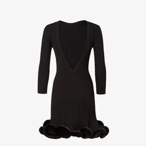 Fendi Rib Knit Mini Dress With Mink Trims