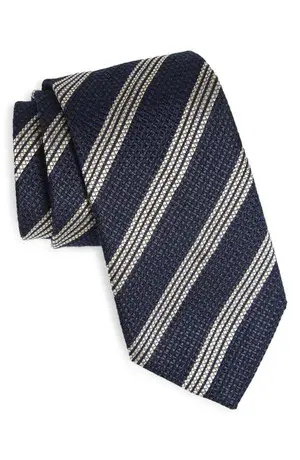 BOSS Textured Stripe Silk & Wool Necktie - Dark Blue
