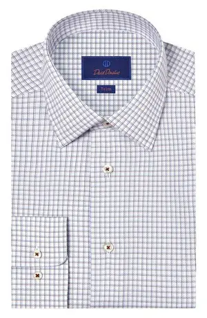 David Donahue Trim Fit Dobby Check Dress Shirt - White/chocolate