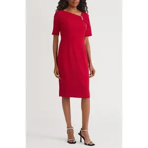 KASPER Asymmetric Neck Sheath Dress - Fire Red