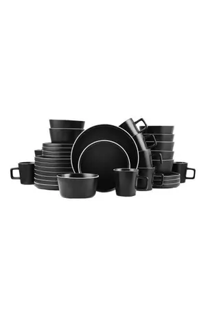 STONE + LAIN Allison Stoneware 32-piece Dinnerware Set - Black Matte/ White Rim