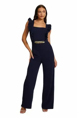 QUIZ Scuba Crepe Frill Jumpsuit With Chain Detail - Navy