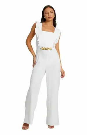 QUIZ Scuba Crepe Frill Jumpsuit With Chain Detail - White
