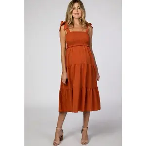 PINKBLUSH Bow Strap Tiered Midi Dress - Rust