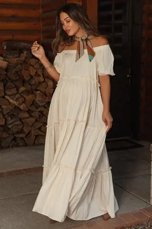 PINKBLUSH Off Shoulder Ruffle Tiered Maxi Dress - Cream