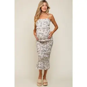 PINKBLUSH Floral Smocked Fitted Maternity Midi Dress - Cream