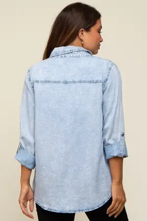 PINKBLUSH Chambray Rolled Cuff Shirt - Light Blue