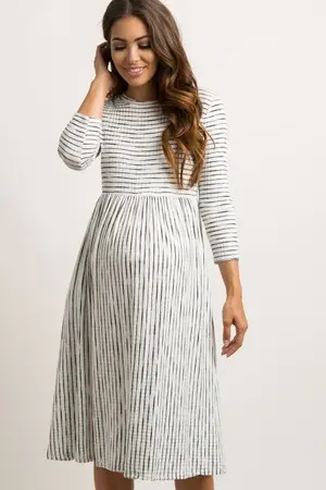 PINKBLUSH Ribbed Striped Pleated Midi Dress