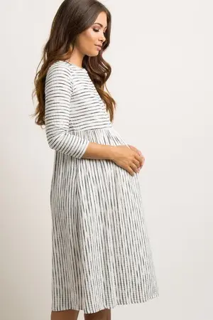 PINKBLUSH Ribbed Striped Pleated Midi Dress