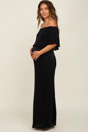 PINKBLUSH Pleated Ruffle Off Shoulder Maxi Dress - Black
