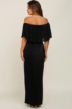 PINKBLUSH Pleated Ruffle Off Shoulder Maxi Dress - Black