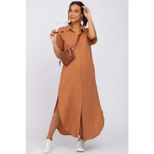 PINKBLUSH Button Down Midi Dress - Camel