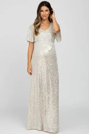 PINKBLUSH Sequin Short Sleeve Maternity Maxi Dress - Cream