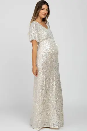 PINKBLUSH Sequin Short Sleeve Maternity Maxi Dress - Cream