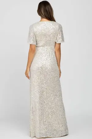 PINKBLUSH Sequin Short Sleeve Maternity Maxi Dress - Cream