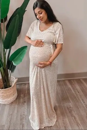 PINKBLUSH Sequin Short Sleeve Maternity Maxi Dress - Cream