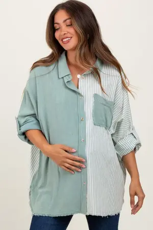 PINKBLUSH Colorblock Stripe Oversized Button Down - Light Olive