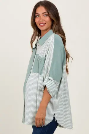 PINKBLUSH Colorblock Stripe Oversized Button Down - Light Olive