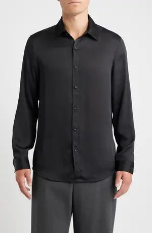 OPEN EDIT Black Satin Button-up Shirt - Black Caviar