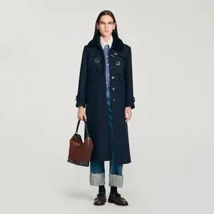 Sandro Long Coat With Removable Shearling Collar