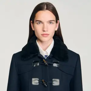 Sandro Long Coat With Removable Shearling Collar