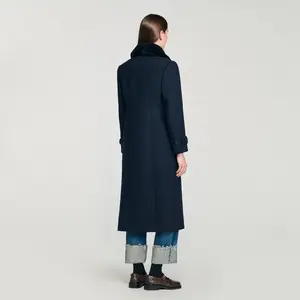 Sandro Long Coat With Removable Shearling Collar