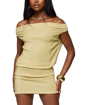 Edikted Womens Eris Metallic Off Shoulder Mini Dress - Gold