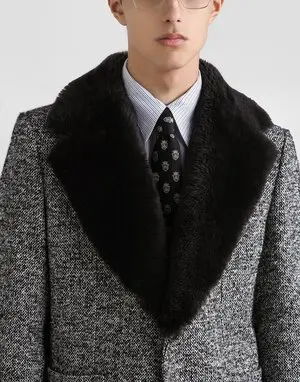 Dolce & Gabbana Single-breasted Dotted Wool Jacket With Fur Collar