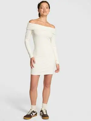 Pink All-day Soft Rib Off-the-shoulder Mini Dress - Beige