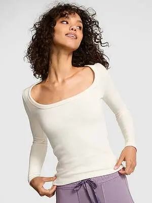 Pink Ribbed Scoop Neck Long-sleeve Tee - Beige