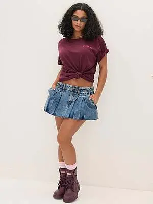 Pink Denim Pleated Mini Skirt